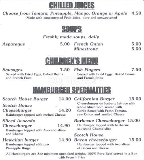 Carta de parrilla Scotch Steak Houses, Londres, Beaumanor Mansions