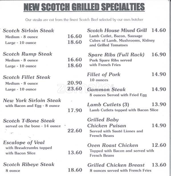 Carta de parrilla Scotch Steak Houses, Londres, Beaumanor Mansions
