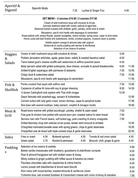 Menu at The Depot pub & bar, London, Tideway Yard