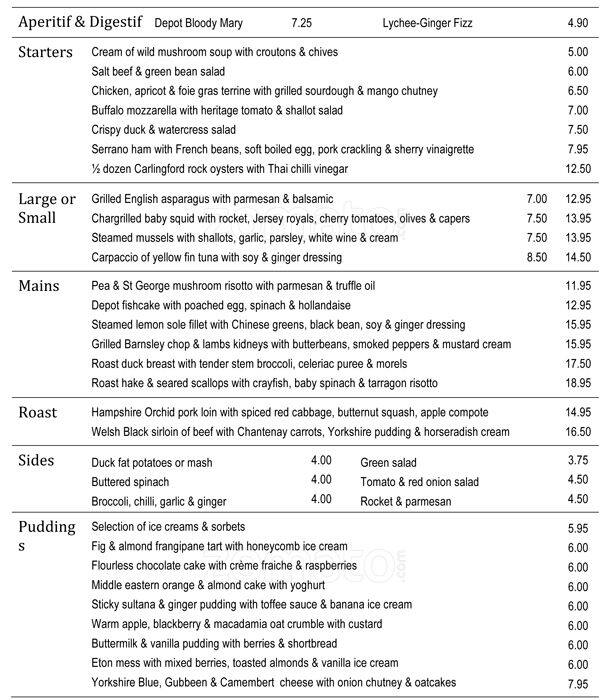 Menu at The Depot pub & bar, London, Tideway Yard