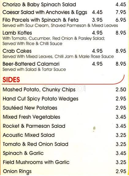 Menu at The Acoustic Mediterranean cafe, London