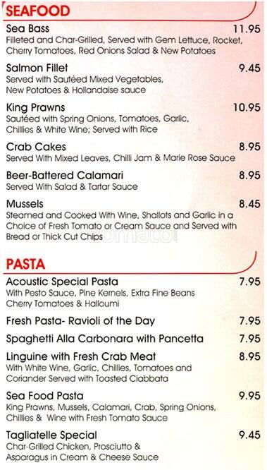 Menu at The Acoustic Mediterranean cafe, London