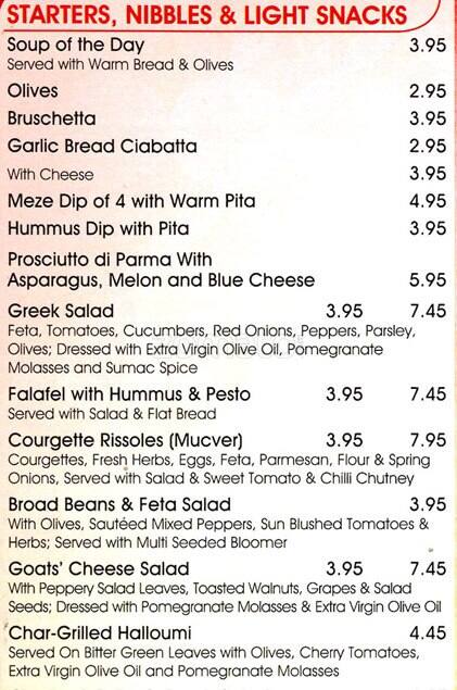 Menu at The Acoustic Mediterranean cafe, London