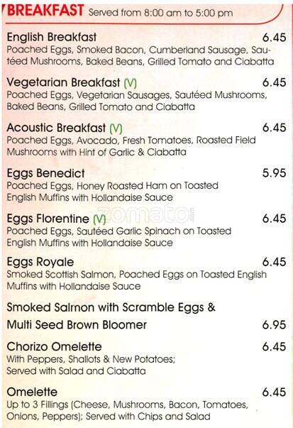 Menu at The Acoustic Mediterranean cafe, London