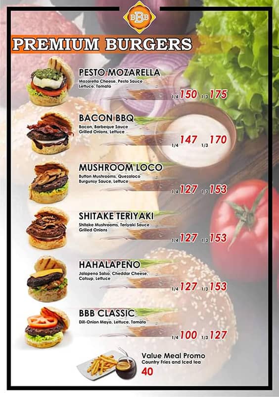 Menu at Big Better Burgers restaurant, Muntinlupa