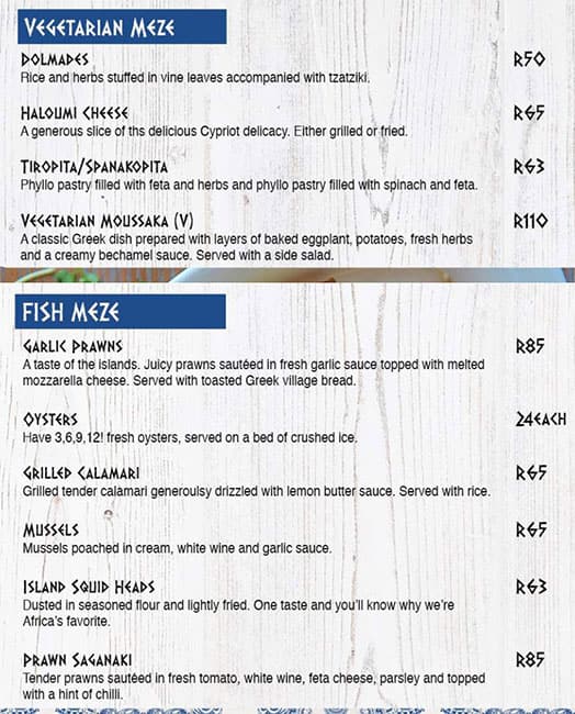 Menu at Platia Restaurant, Kempton Park, Emperors Palace