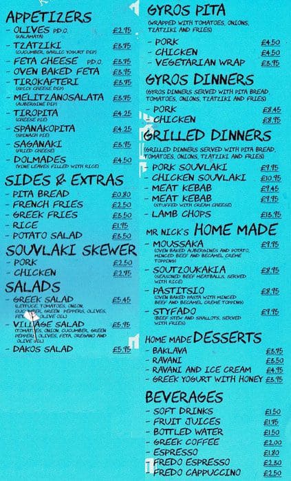 Menu at Mr Nick's restaurant, Edinburgh