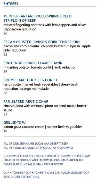 Menu at Ernest's at NAIT restaurant, Edmonton