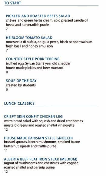 Menu at Ernest's at NAIT restaurant, Edmonton