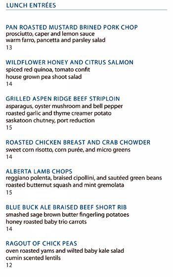 Menu at Ernest's at NAIT restaurant, Edmonton