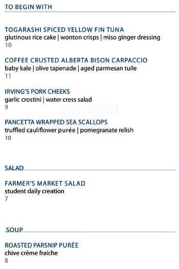 Menu at Ernest's at NAIT restaurant, Edmonton