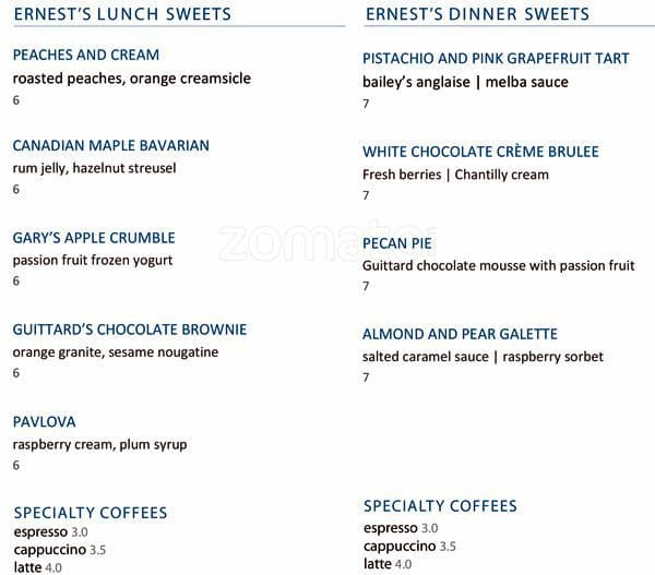 Menu at Ernest's at NAIT restaurant, Edmonton