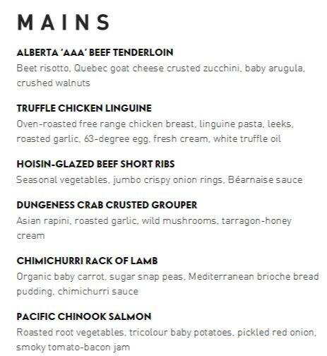 Menu at XIX Nineteen restaurant, Edmonton, Mullen Way