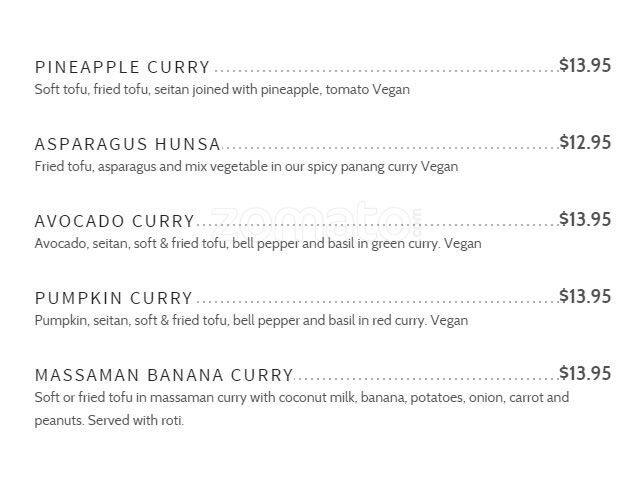 Menu at Araya's Place Vegan Thai restaurant, Seattle, University Way NE