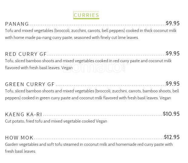 Menu at Araya's Place Vegan Thai restaurant, Seattle, University Way NE