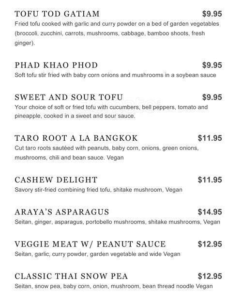 Menu at Araya's Place Vegan Thai restaurant, Seattle, University Way NE
