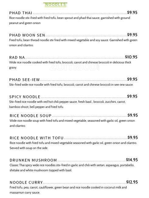 Menu at Araya's Place Vegan Thai restaurant, Seattle, University Way NE
