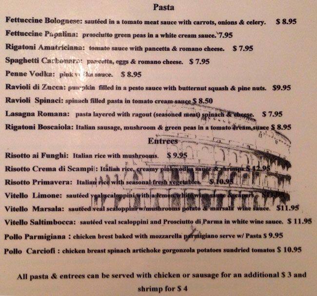 Menu at VIA ROMA restaurant, Des Plaines