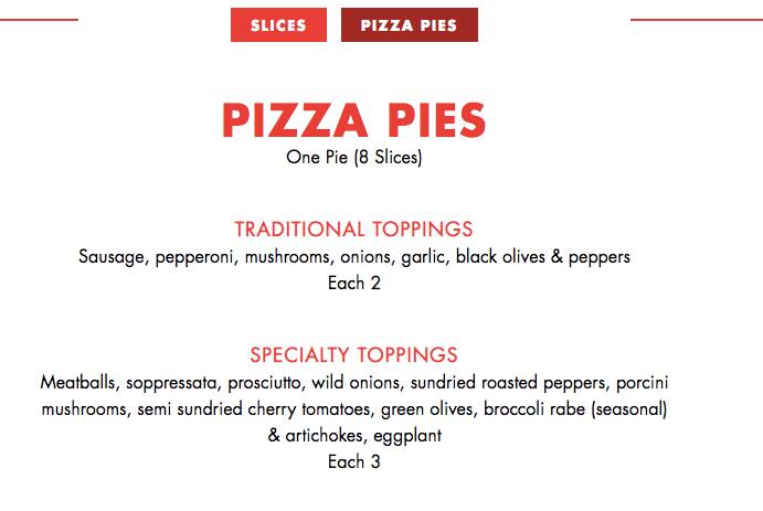 Menu at Di Fara Pizza pizzeria, New York City, Avenue J