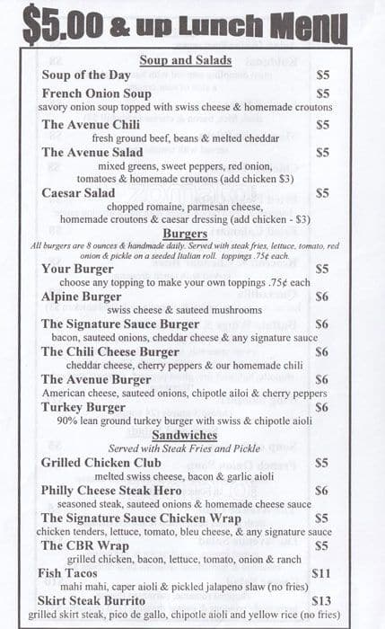 Menu at The Avenue Restuarant & Bar, New York City, 71-22 Myrtle Ave