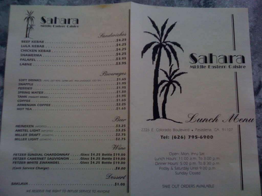Menu at Sahara Restaurant, Pasadena