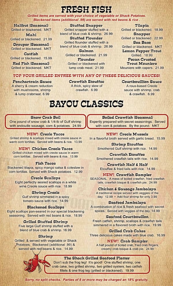 Menu at Shack Seafood & Oyster Bar, Oklahoma City