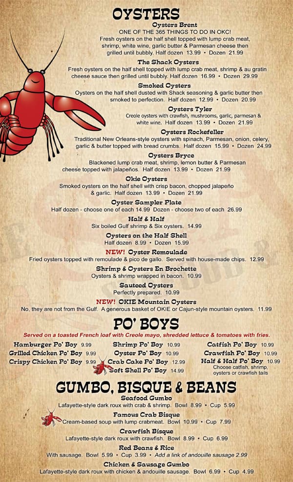 Menu at Shack Seafood & Oyster Bar, Oklahoma City