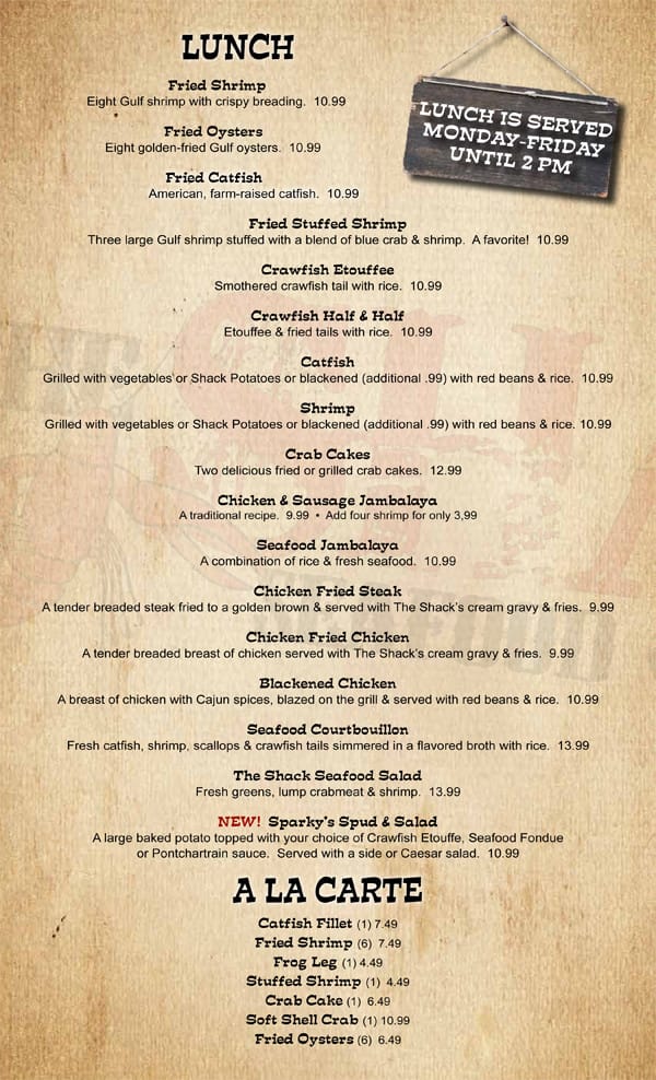 Menu at Shack Seafood & Oyster Bar, Oklahoma City