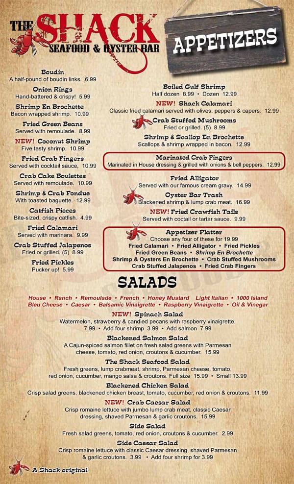 Menu at Shack Seafood & Oyster Bar, Oklahoma City