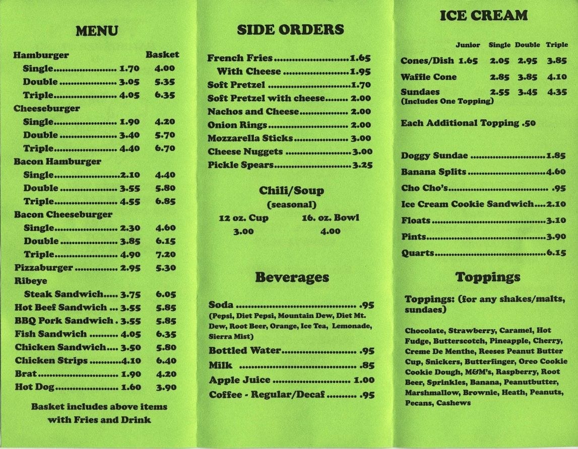 Menu at Wedl's Hamburger Stand restaurant, Jefferson