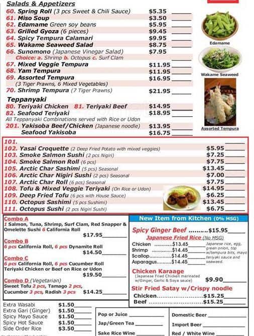 Menu at Sushi Cafe, Yellowknife