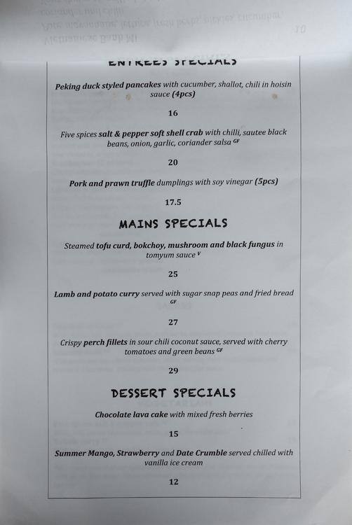 Menu at Mr T restaurant, Paddington