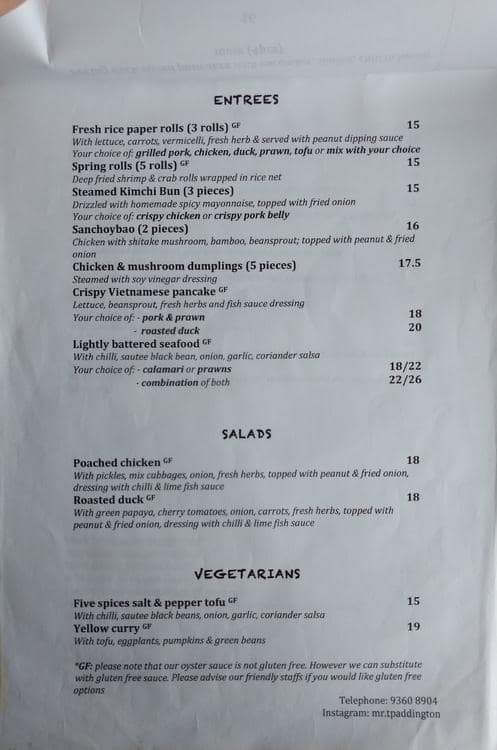Menu at Mr T restaurant, Paddington