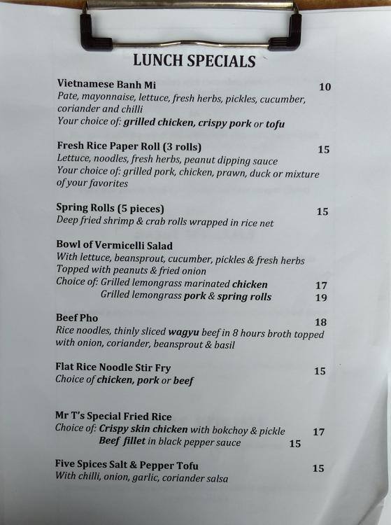 Menu at Mr T restaurant, Paddington