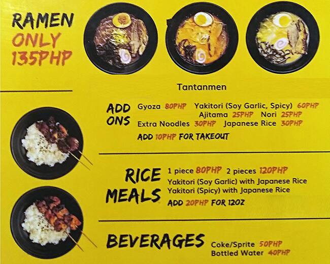Menu at Daruman Ten Ramen restaurant, Manila