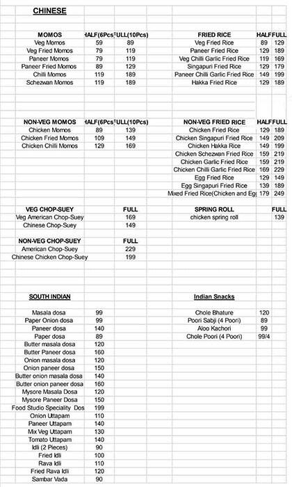 Menu of The Food Studio, Zeta 1, Greater Noida
