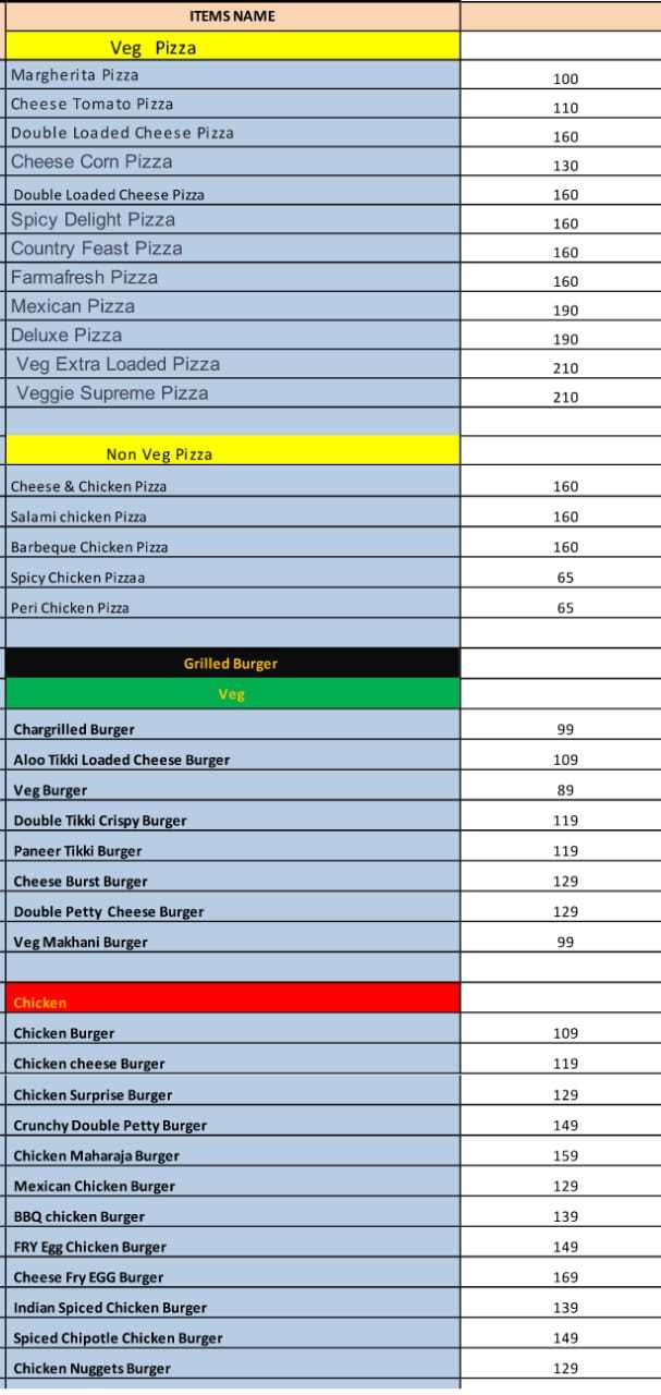 Menu of Pizza Factory, Indira Nagar, Lucknow