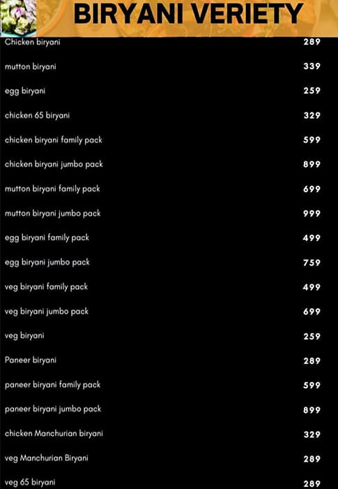 Menu of Biryani Variety, Tolichowki, Hyderabad