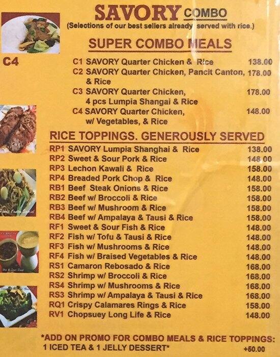 Menu at The Original Savory restaurant, Quezon City, 347 Del Monte Ave