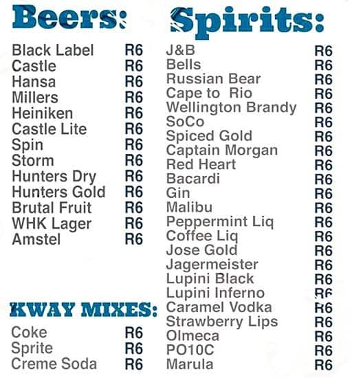 Menu at Stones Pool Bar, Cape Town, 166A Long St