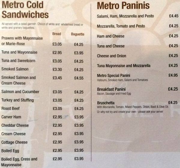 Menu at Cafe Metro., Manchester, 20 High St
