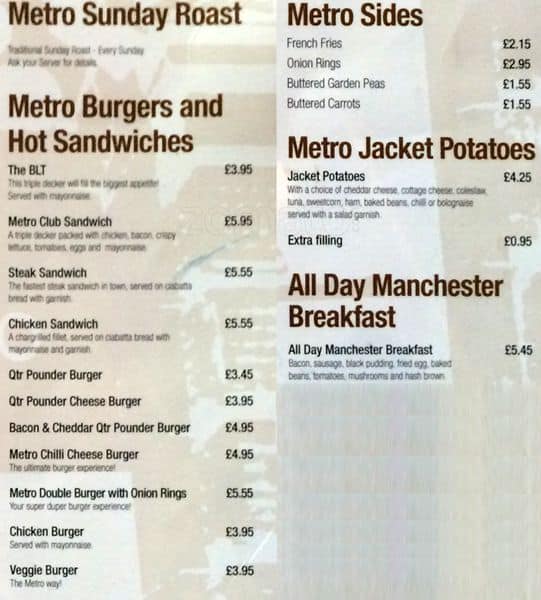 Menu at Cafe Metro., Manchester, 20 High St