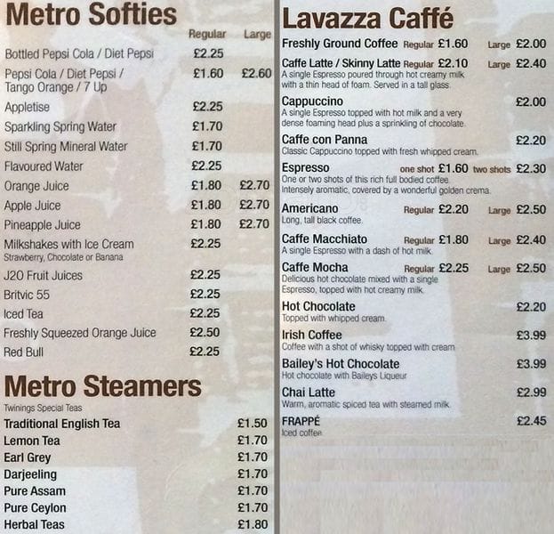 Menu at Cafe Metro., Manchester, 20 High St