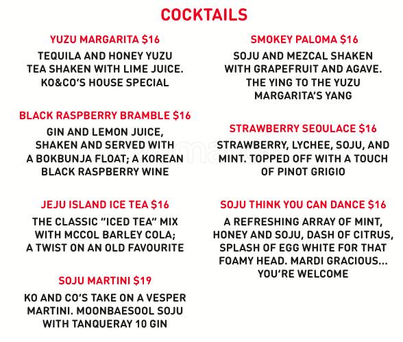 Menu at Ko and Co Soju Bar, Surry Hills