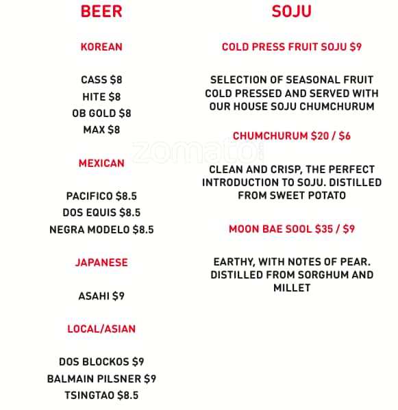 Menu at Ko and Co Soju Bar, Surry Hills