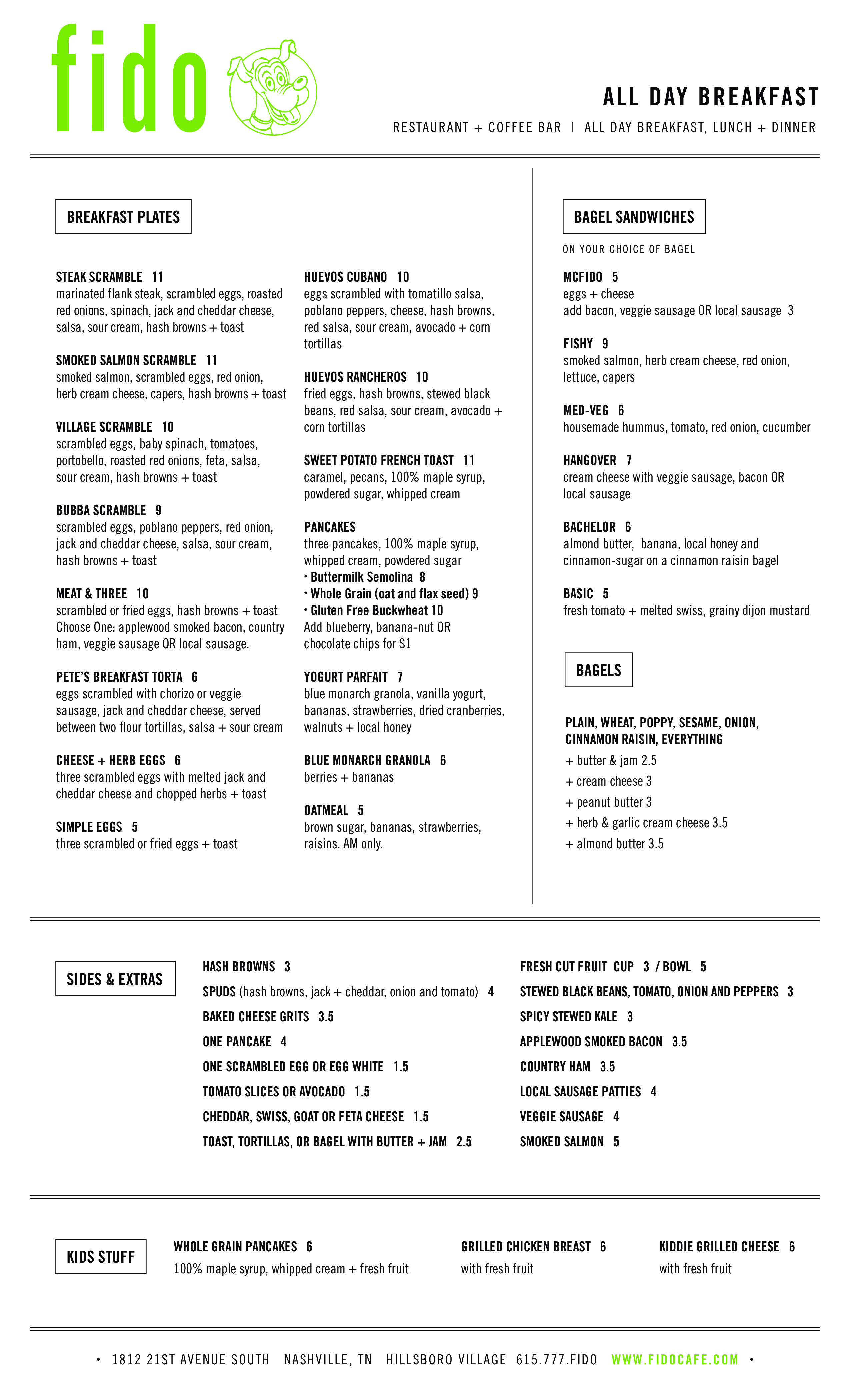 Menu at Fido cafe, Nashville