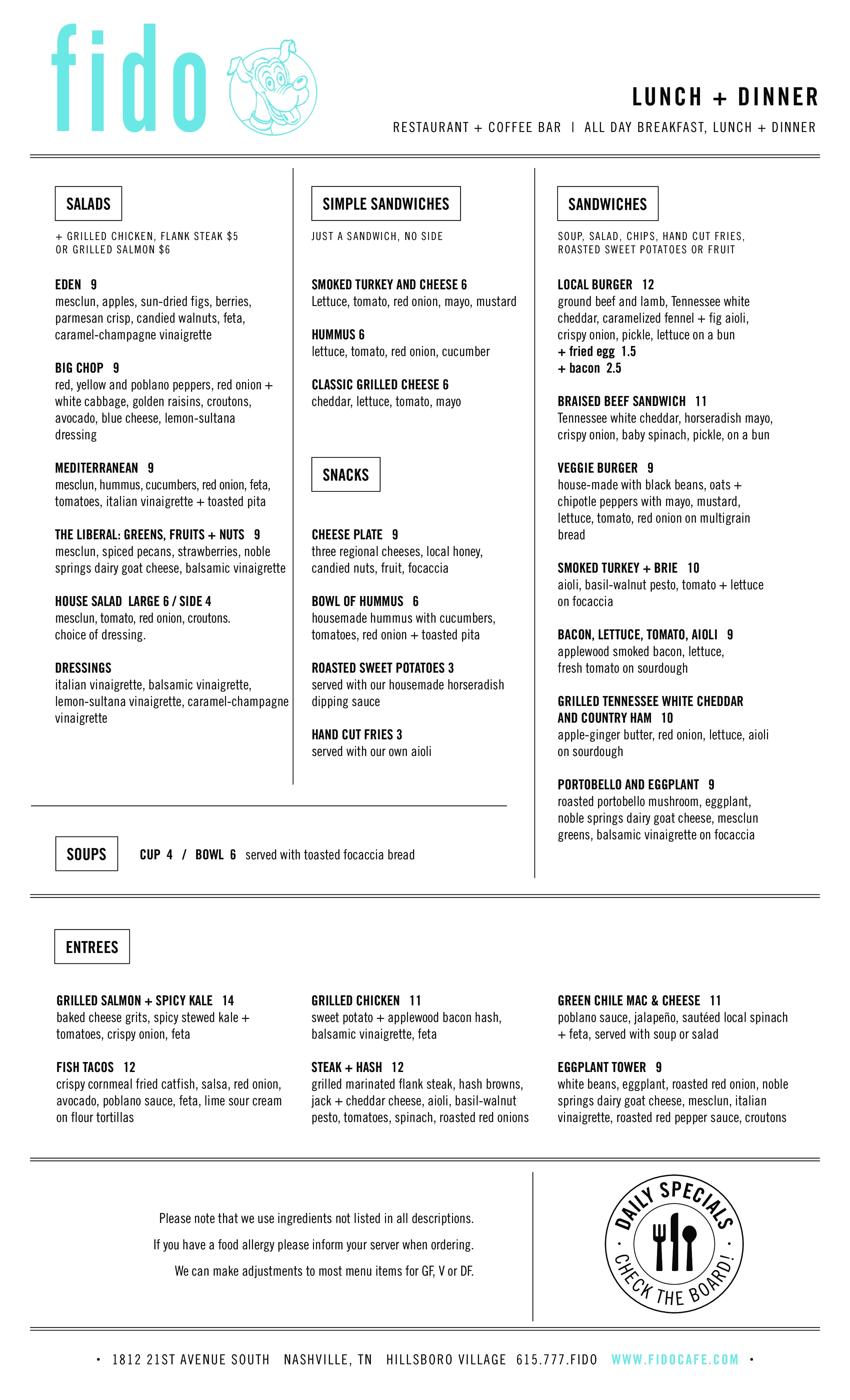 Menu at Fido cafe, Nashville