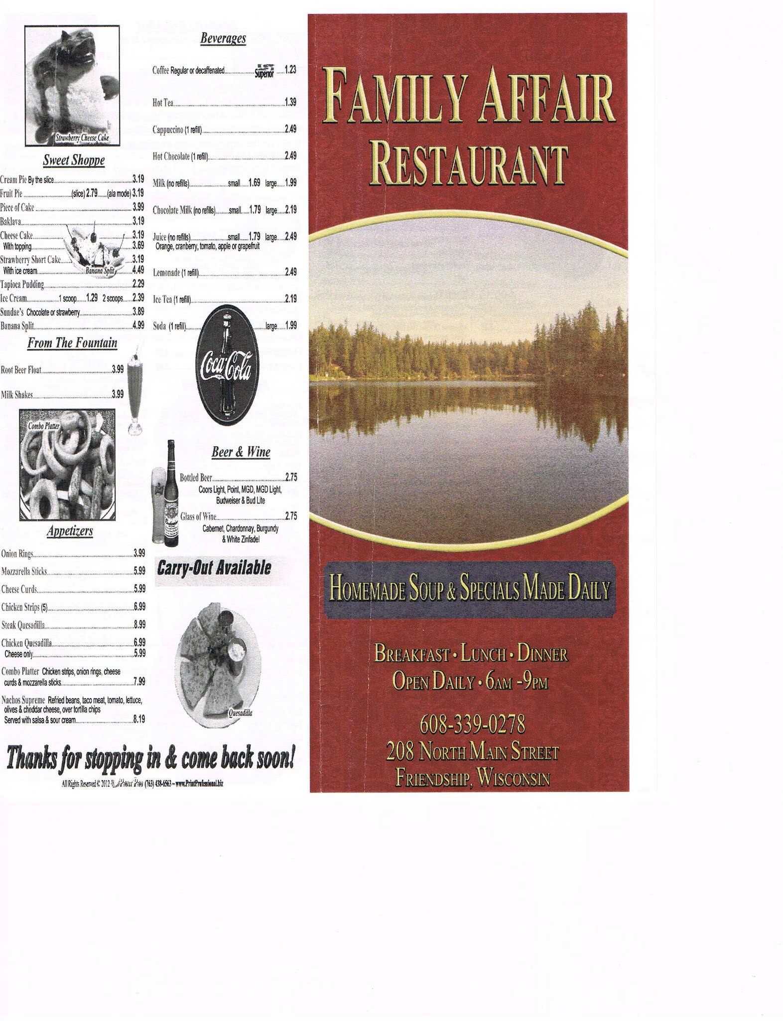 Menu at Family Affair restaurant, Friendship
