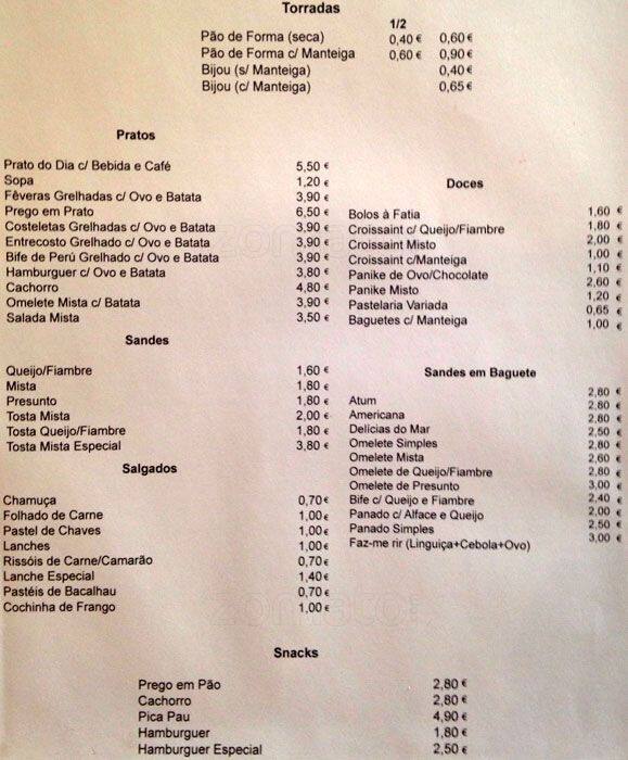 Menu em Porto Minas café, Porto