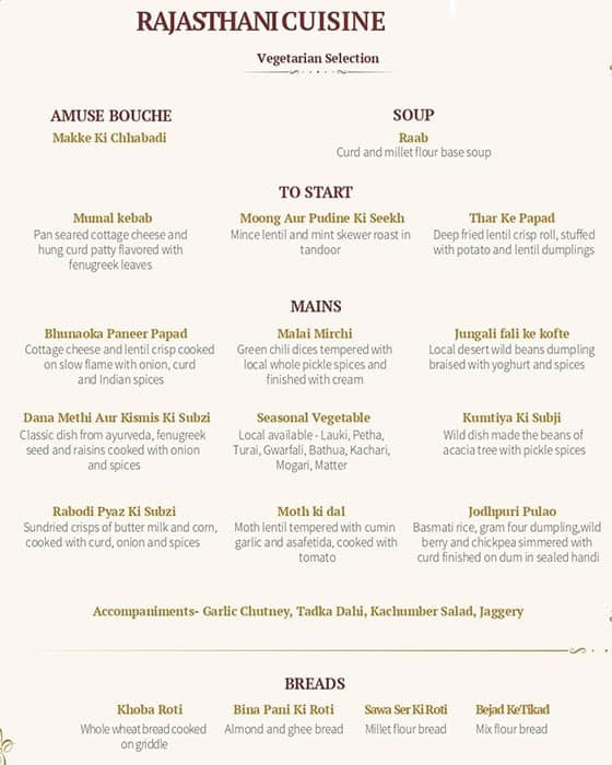 Menu at Mohan Mahal, Jaipur